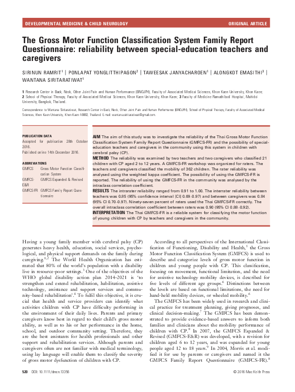 (PDF) The Gross Motor Function Classification System Family Report Questionnaire: reliability ...