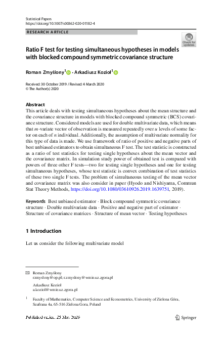 Pdf Ratio F Test For Testing Simultaneous Hypotheses In Models With Blocked Compound Symmetric
