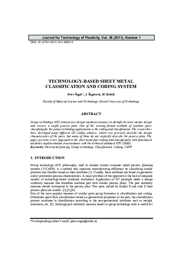 (PDF) Technology-Based Sheet Metal Classification and Coding System