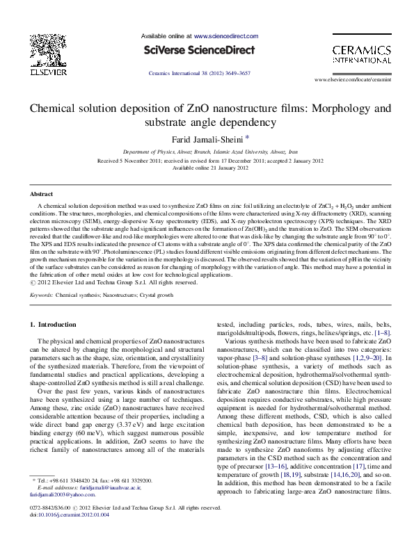 (PDF) Chemical solution deposition of ZnO nanostructure films: Morphology and substrate angle ...