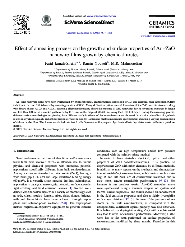 (PDF) Effect of annealing process on the growth and surface properties of Au–ZnO nanowire films ...