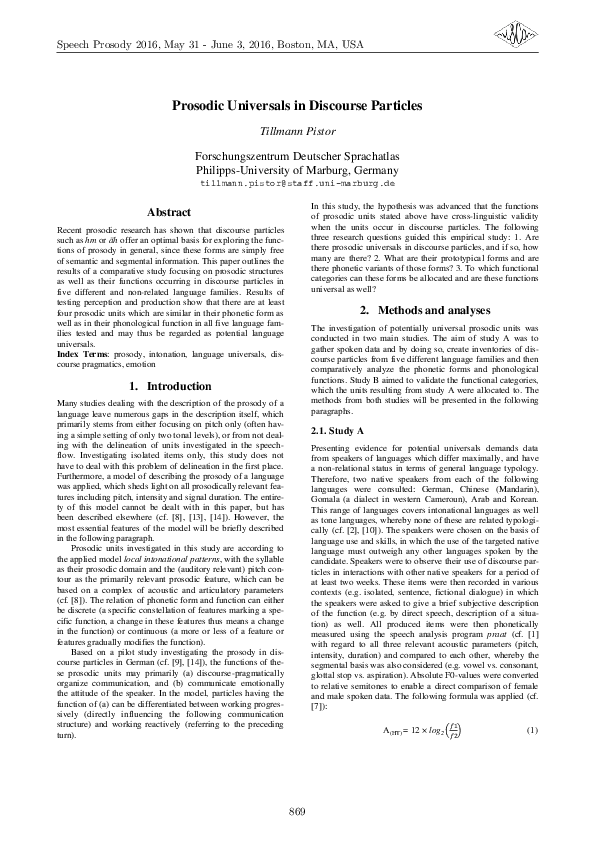(PDF) Prosodic universals in discourse particles