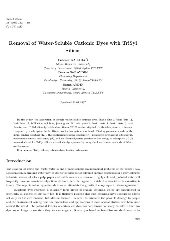 (PDF) Removal of water-soluble cationic dyes with TriSyl silicas