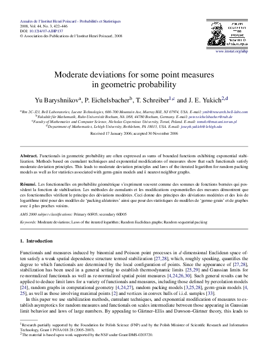 (PDF) Moderate deviations for some point measures in geometric probability | P. Eichelsbacher ...