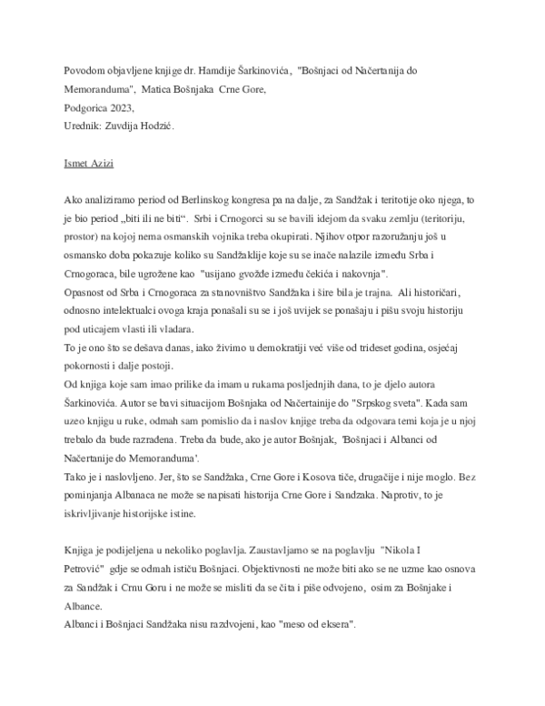 (PDF) Povodom objavljene knjige dr. Hamdije Šarkinovića, "Bošnjaci od ...
