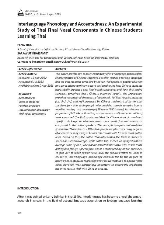 (PDF) Interlanguage Phonology and Accentedness: An Experimental Study of Thai Final Nasal ...
