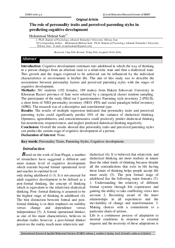 (PDF) The role of personality traits and perceived parenting styles in predicting cognitive ...