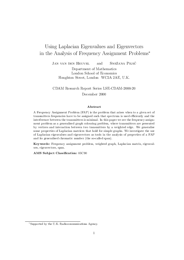 Pdf Using Laplacian Eigenvalues And Eigenvectors In The Analysis Of Frequency Assignment Problems