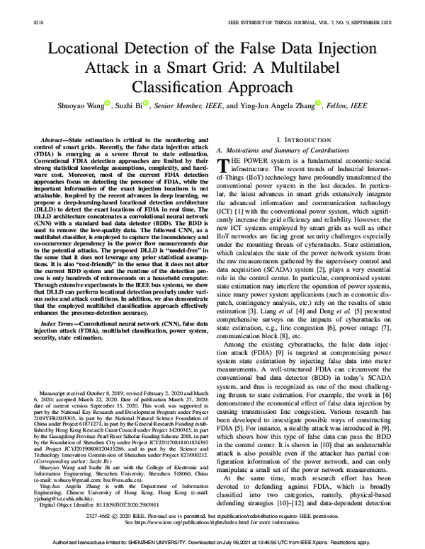 Pdf Locational Detection Of The False Data Injection Attack In A