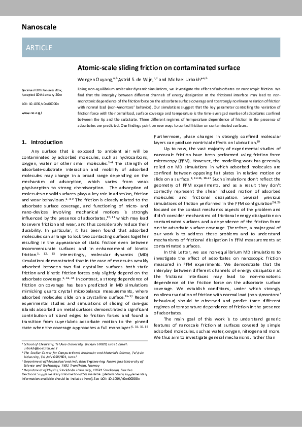(PDF) Atomic-scale sliding friction on a contaminated surface | Wengen Ouyang - Academia.edu