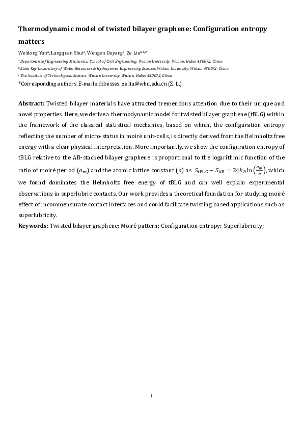(PDF) Thermodynamic model of twisted bilayer graphene: Entropy matters | Wengen Ouyang ...
