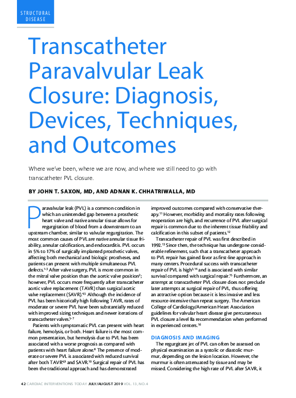 (PDF) Transcatheter Paravalvular Leak Closure : Diagnosis , Devices , Techniques , and Outcomes