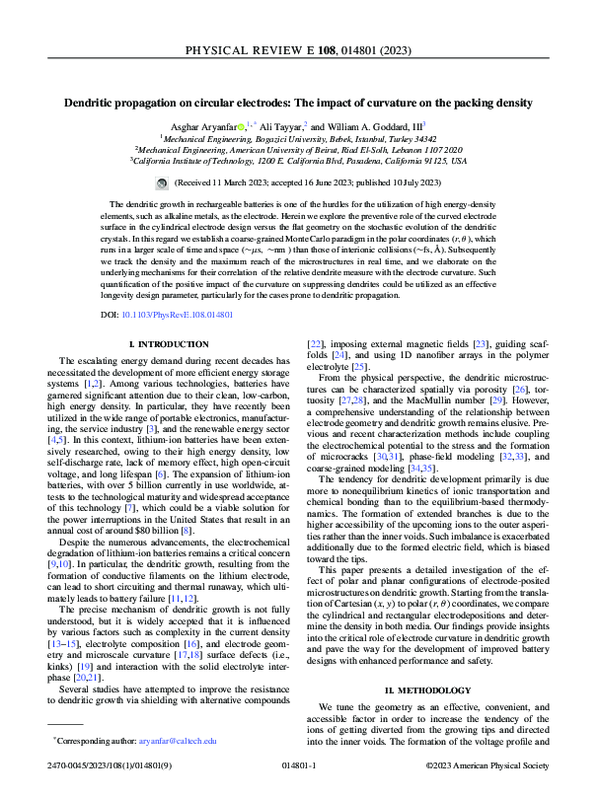 Pdf Dendritic Propagation On Circular Electrodes The Impact Of Curvature On The Packing Density
