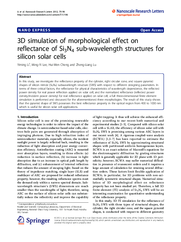(PDF) 3D simulation of morphological effect on reflectance of Si3N4 sub-wavelength structures ...