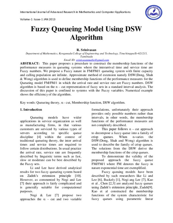 Pdf Fuzzy Queueing Model Using Dsw Algorithm Dr Srini Vasan