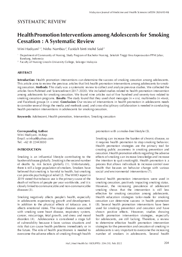 (PDF) SYSTEMATIC REVIEW Health Promotion Interventions among Adolescents for Smoking Cessation ...