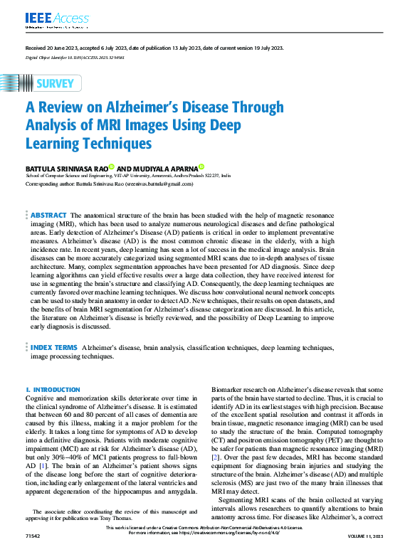 (PDF) A Review on Alzheimer’s Disease Through Analysis of MRI Images Using Deep Learning Techniques