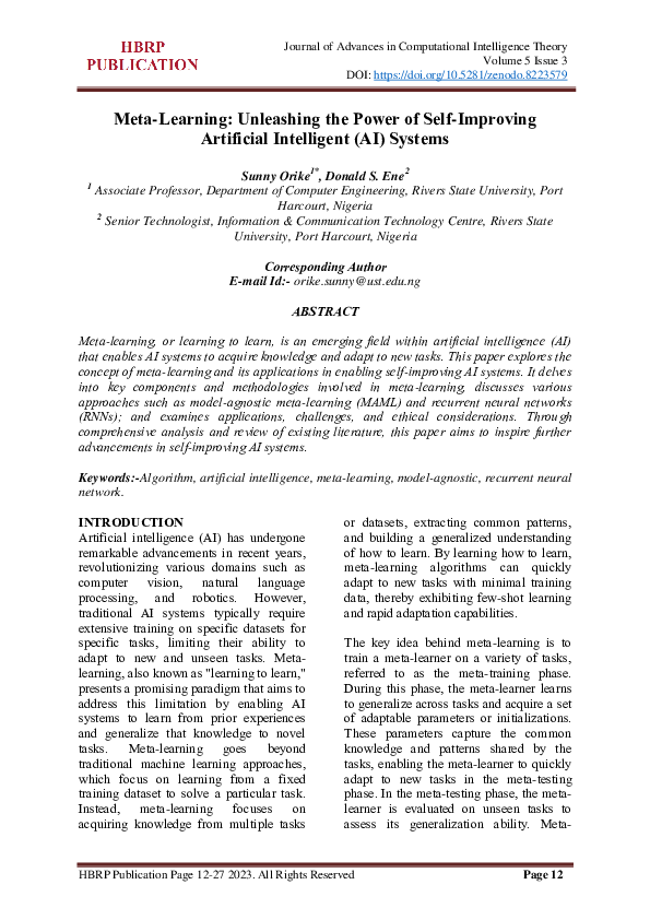 (PDF) Meta-Learning: Unleashing the Power of Self-Improving Artificial Intelligent (AI) Systems