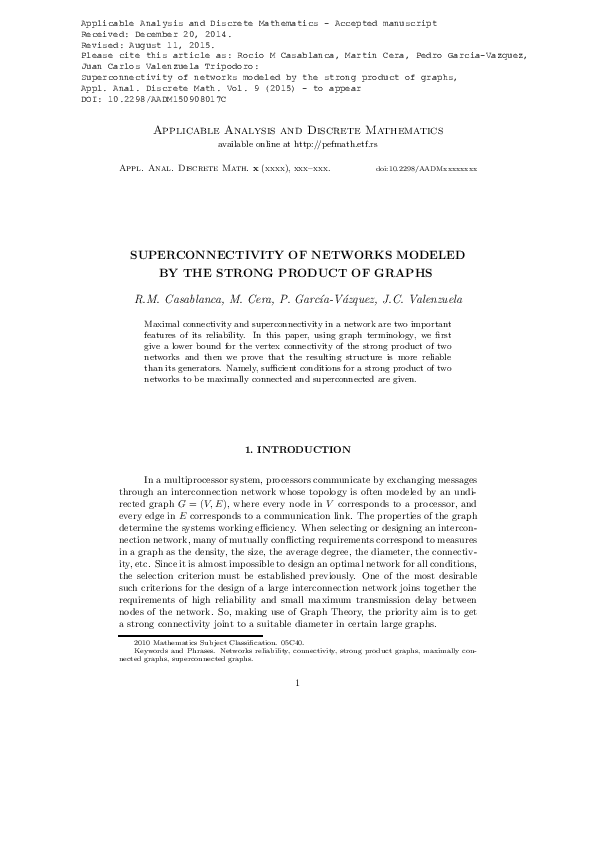 (PDF) Superconnectivity of networks modeled by the strong product of graphs