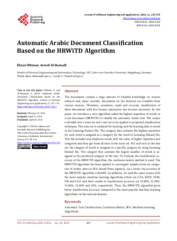 (PDF) Automatic Arabic Document Classification Based on the HRWiTD ...