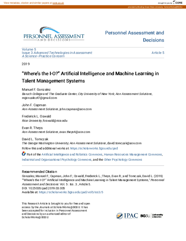 (PDF) “Where’s the I-O?” Artificial Intelligence and Machine Learning in Talent Management Systems