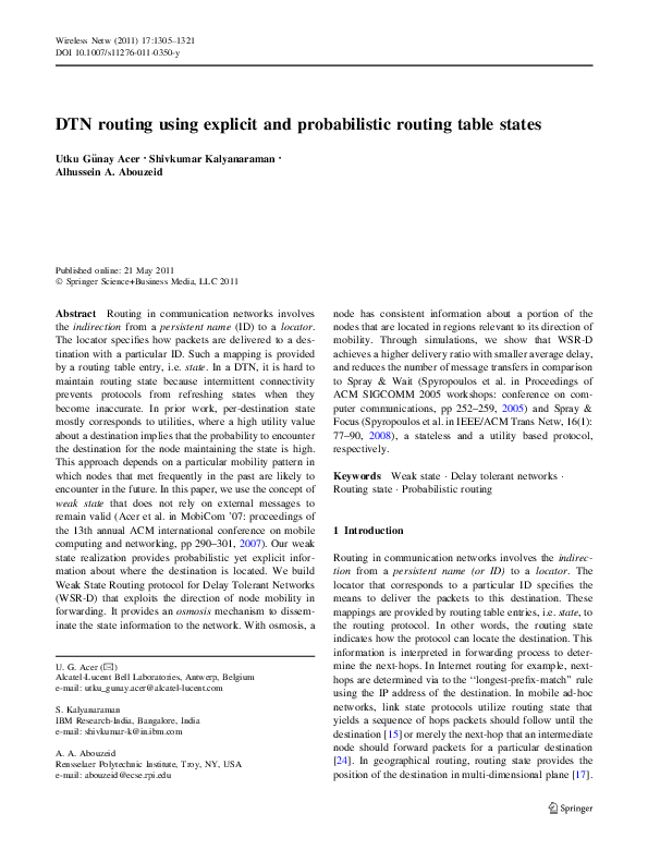 (PDF) DTN routing using explicit and probabilistic routing table states