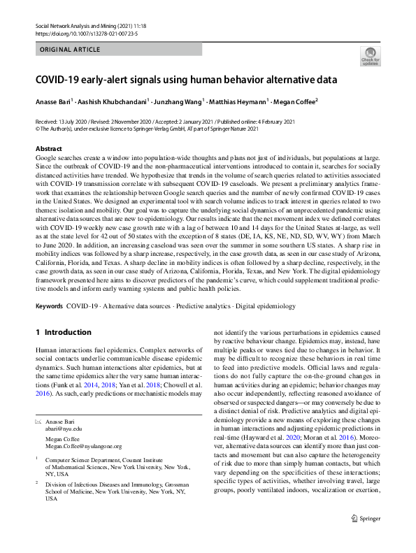 (PDF) COVID-19 early-alert signals using human behavior alternative data