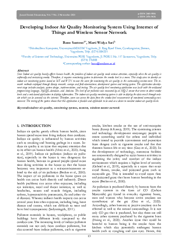 (PDF) Developing Indoor Air Quality Monitoring System Using Internet of Things and Wireless ...
