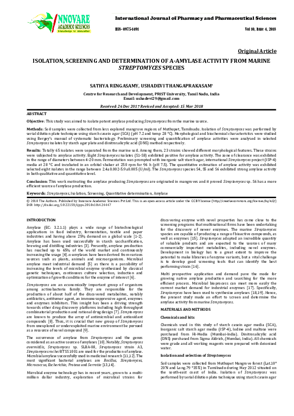 (PDF) ISOLATION, SCREENING AND DETERMINATION OF Α-AMYLASE ACTIVITY FROM MARINE STREPTOMYCES SPECIES