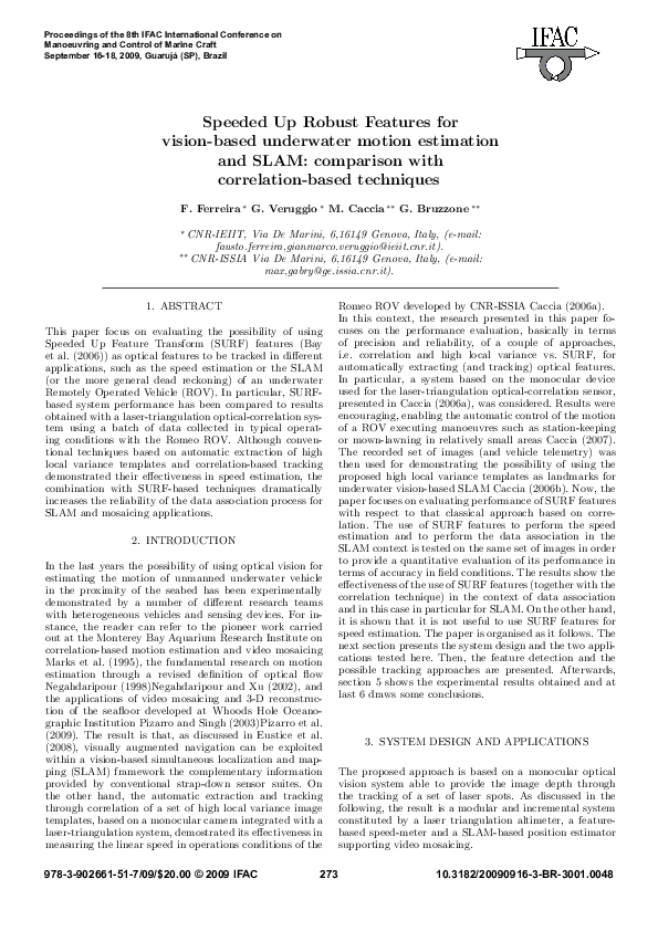Pdf Speeded Up Robust Features For Vision Based Underwater Motion Estimation And Slam