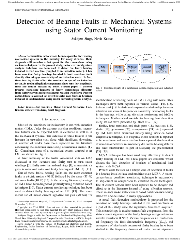 (PDF) Detection of Bearing Faults in Mechanical Systems Using Stator Current Monitoring