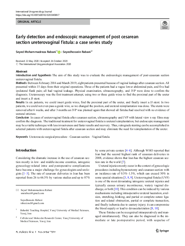 Pdf Early Detection And Endoscopic Management Of Post Cesarean Section Ureterovaginal Fistula