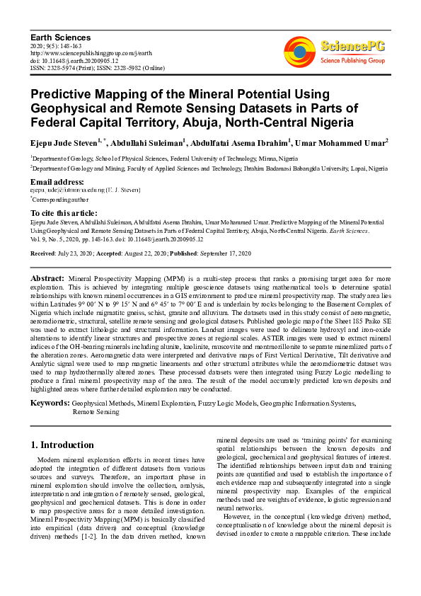 Pdf Predictive Mapping Of The Mineral Potential Using Geophysical And Remote Sensing Datasets