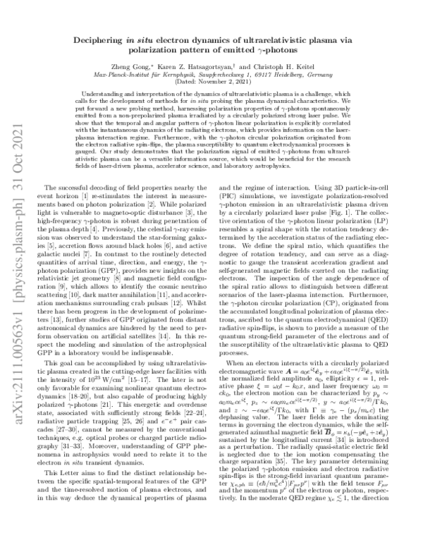 (PDF) Deciphering in situ electron dynamics of ultrarelativistic plasma via polarization pattern ...
