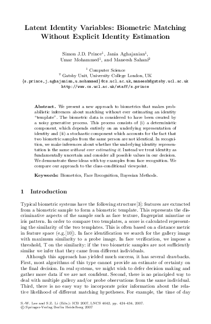(PDF) Latent Identity Variables: Biometric Matching Without Explicit Identity Estimation ...