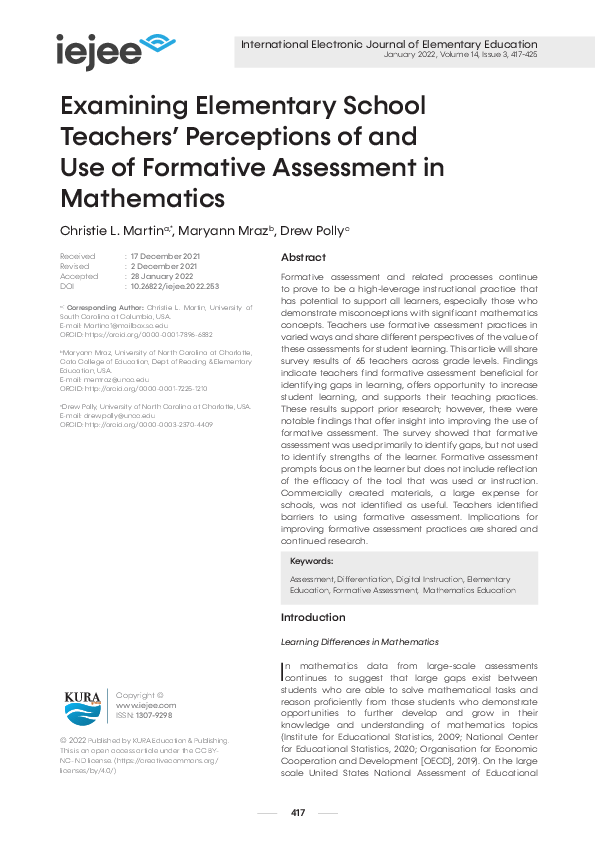 (PDF) Examining Elementary School Teachers Perceptions of and Use of Formative Assessment in ...