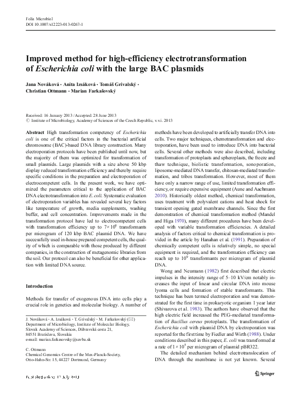 (PDF) Improved method for high-efficiency electrotransformation of ...
