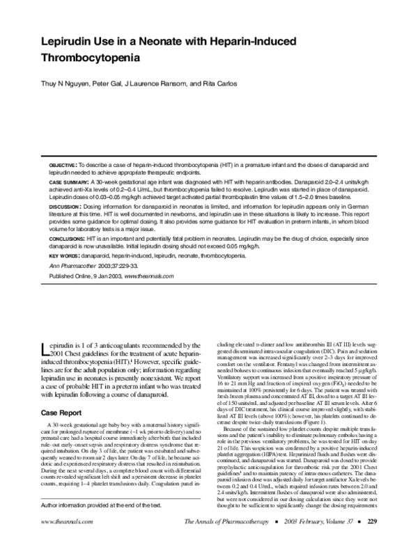 (PDF) Lepirudin Use in a Neonate with Heparin-Induced Thrombocytopenia