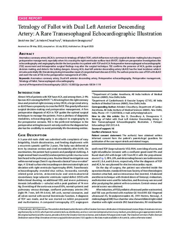 (PDF) Tetralogy of Fallot with Dual Left Anterior Descending Artery: A Rare Transesophageal ...