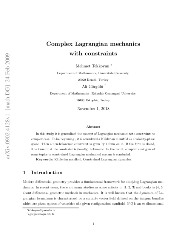 (PDF) Complex Lagrangian mechanics with constraints
