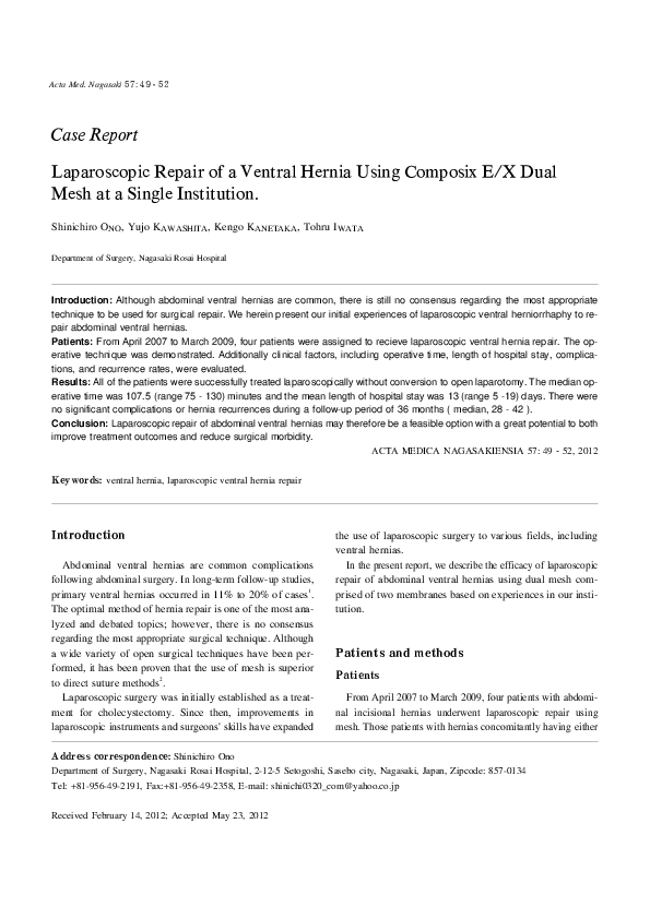 (PDF) Laparoscopic Repair of a Ventral Hernia Using Composix E/X Dual ...