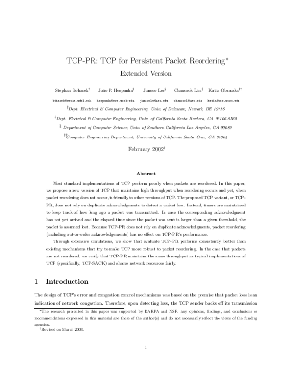 (PDF) TCP-PR : TCP for Persistent Packet Reordering ∗ Extended Version