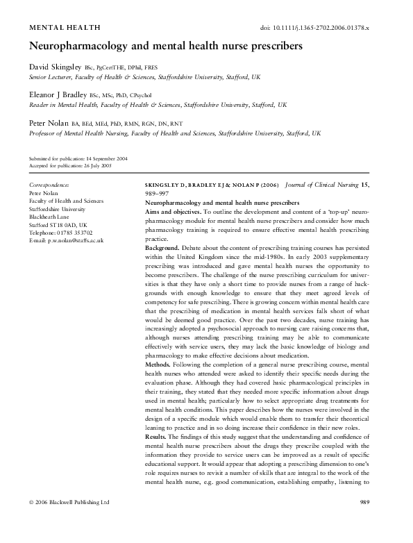 (PDF) Neuropharmacology and mental health nurse prescribers
