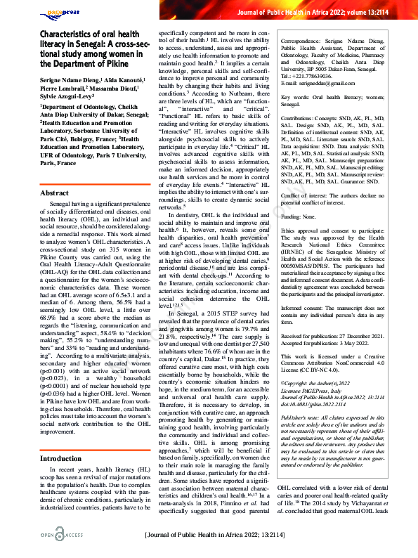 (PDF) Characteristics of oral health literacy in Senegal: A cross ...