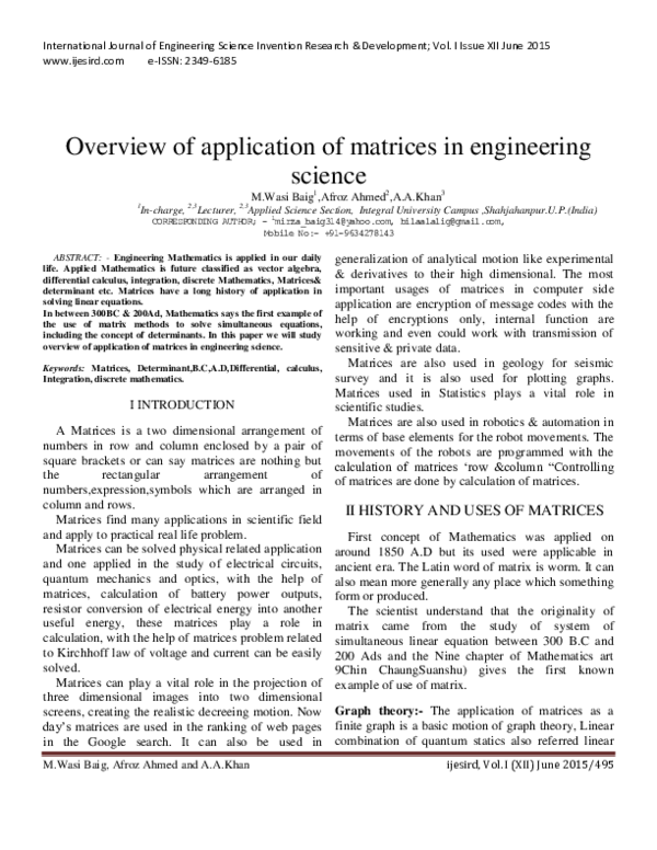 Pdf Overview Of Application Of Matrices In Engineering Science