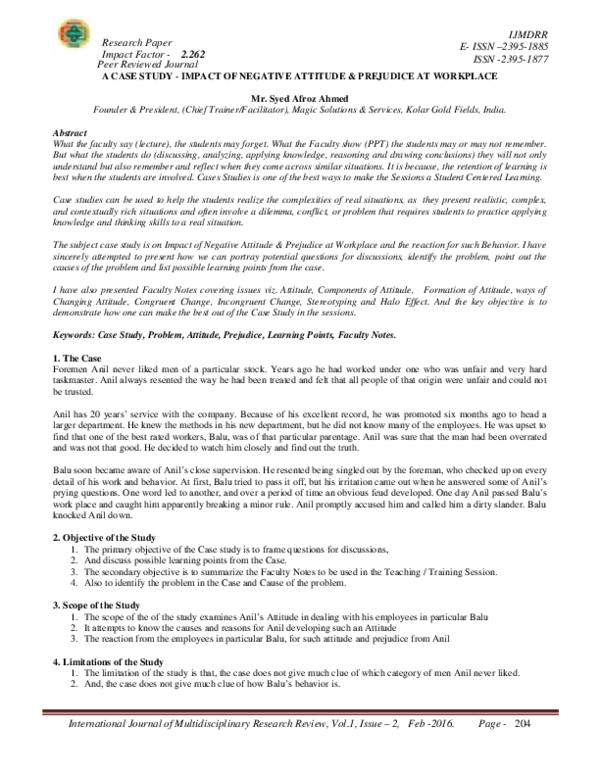 (PDF) A Case Study-Impact of Negative Attitude & Prejudice at Workplace