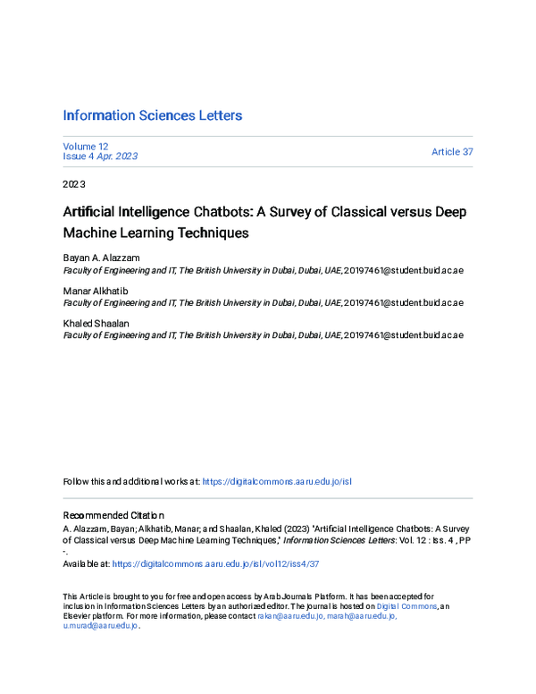 (PDF) Artificial Intelligence Chatbots: A Survey of Classical versus ... (PDF) Artificial Intelligence Chatbots: A Survey of Classical versus ...