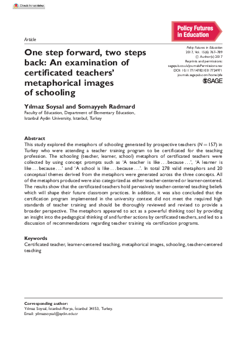 (PDF) One step forward, two steps back: An examination of certificated teachers’ metaphorical ...
