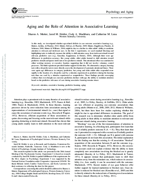 (PDF) Aging and the role of attention in associative learning | Sharon Mutter - Academia.edu