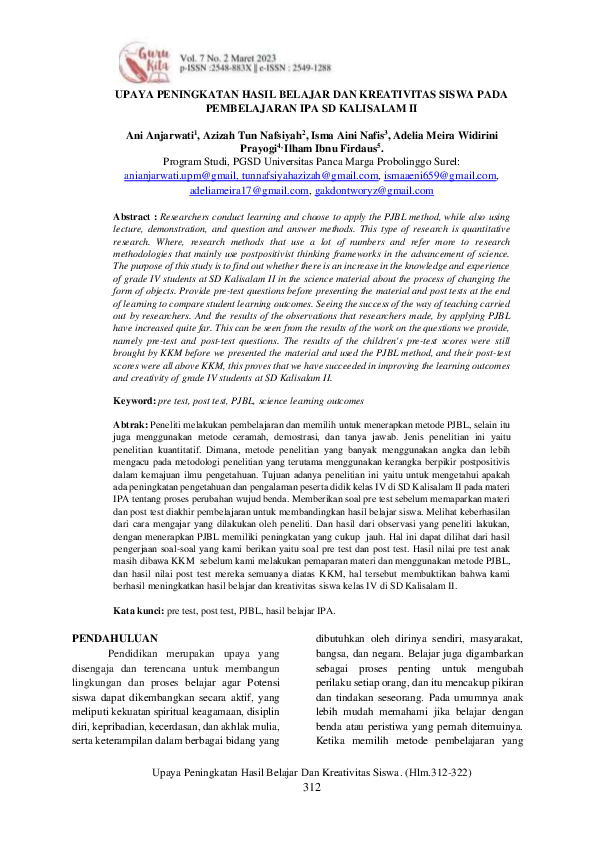 (PDF) Upaya Peningkatan Hasil Belajar Dan Kreativitas Siswa Pada Pembelajaran Ipa SD Kalisalam II